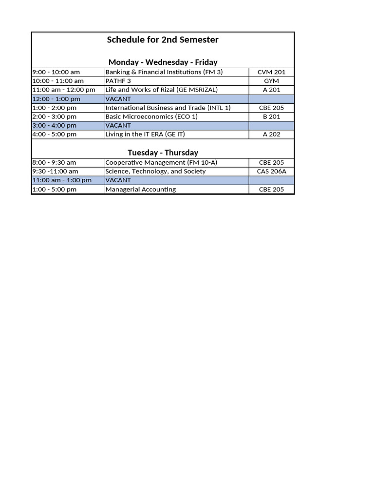 Schedule For 2nd Sem | PDF | Sports & Recreation | Science & Mathematics