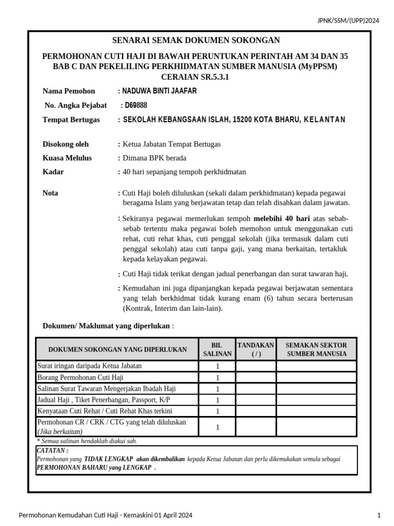 Naduwa - Borang Permohonan Cuti Haji JPN Kelantan | PDF
