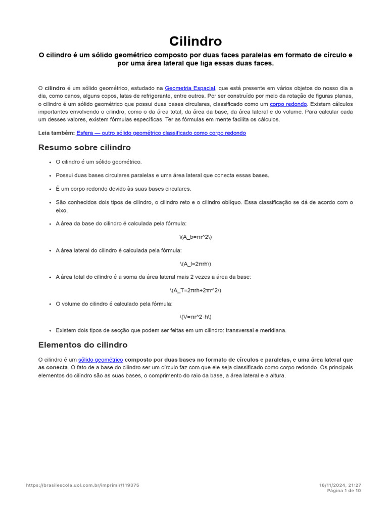 Fórmulas e Propriedades do Cilindro | PDF | Geometria | Pi