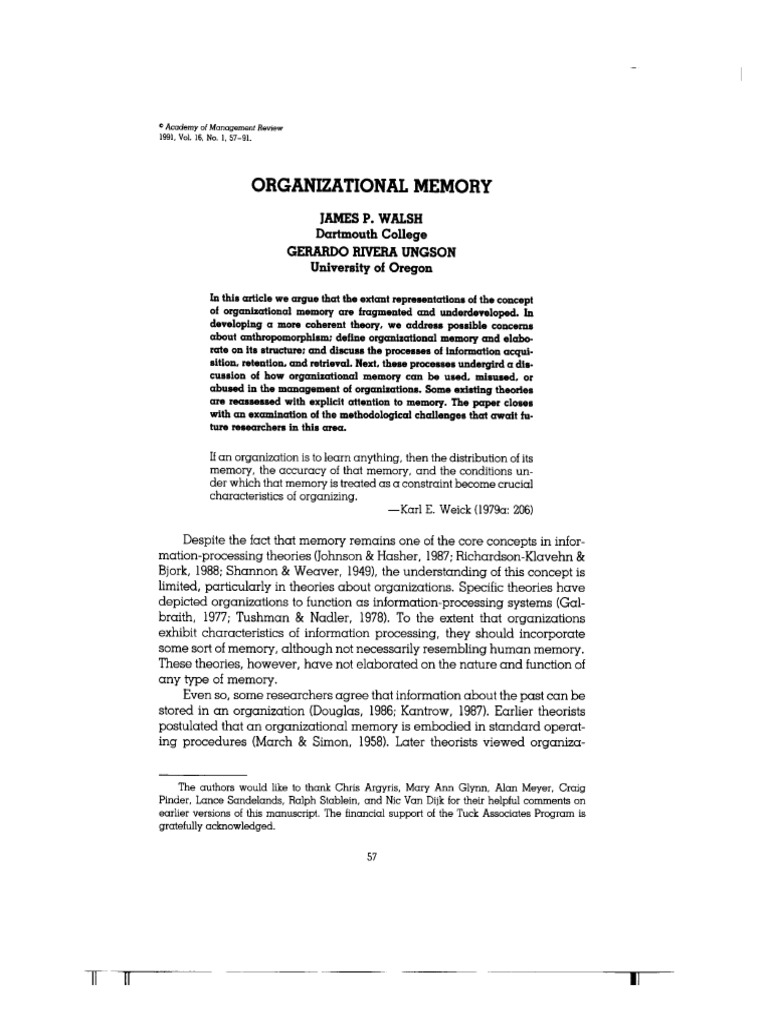 Walsh, J. P., & Ungson, G. R. (1991) - Organizational Memory. Academy Ofmanagement Review, 16 (1 ...