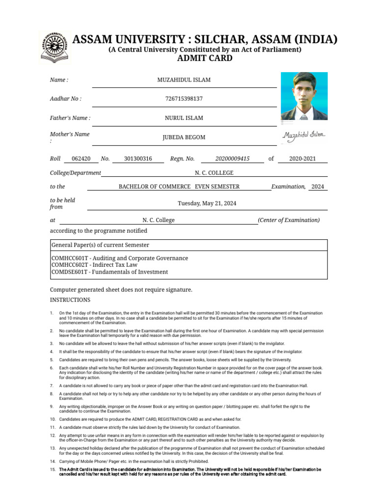 Admit Card 6th Semester | PDF | Justice | Crime & Violence