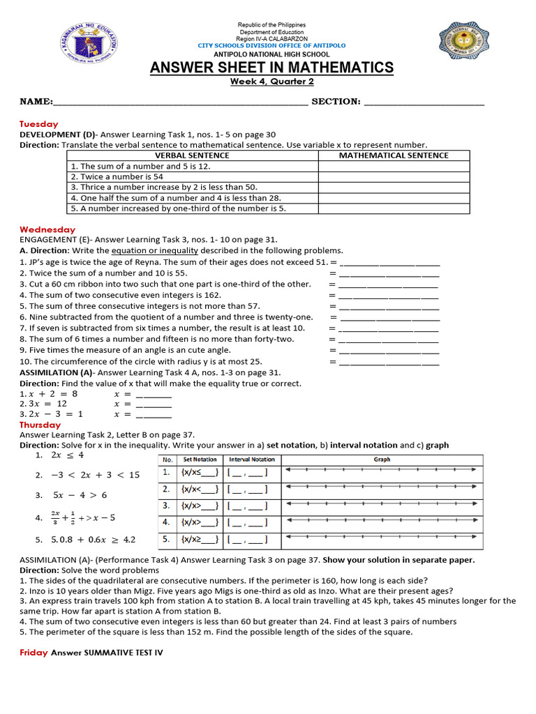 Q2 Answer Sheet Week 4 | PDF | Numbers | Summation