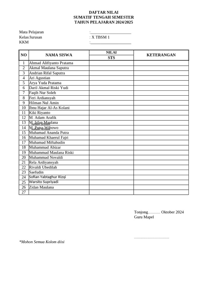 Daftar Nilai STS 2024 | PDF