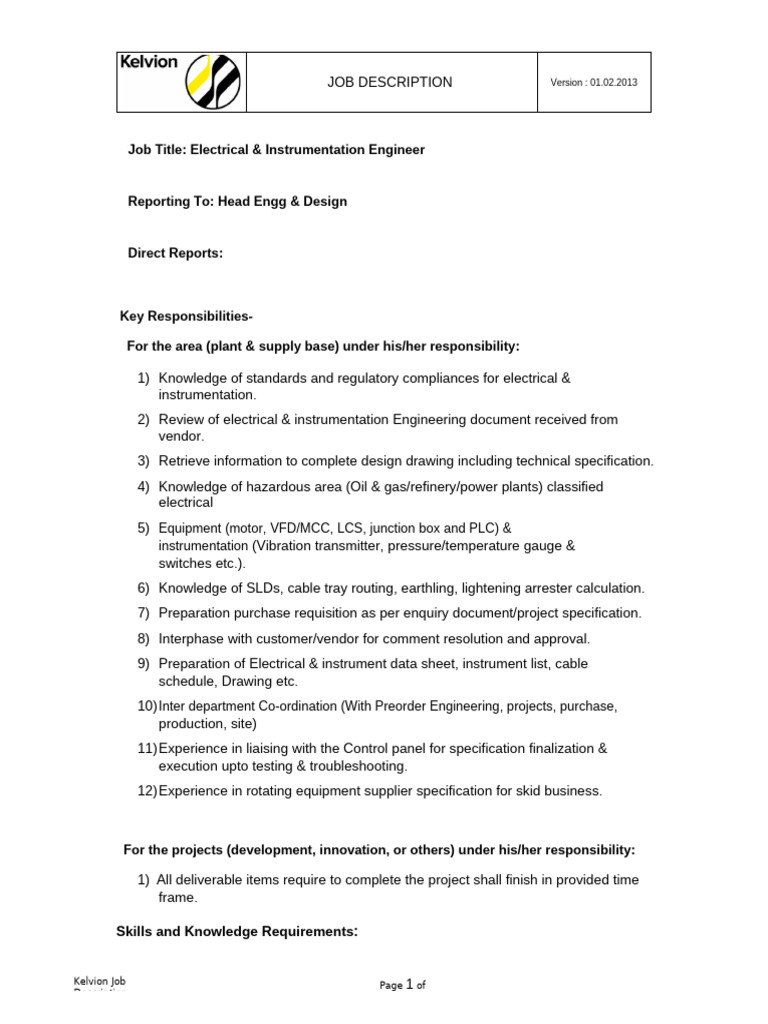 JD For Electrical and Instrumentation & DCC | PDF | Specification (Technical Standard ...
