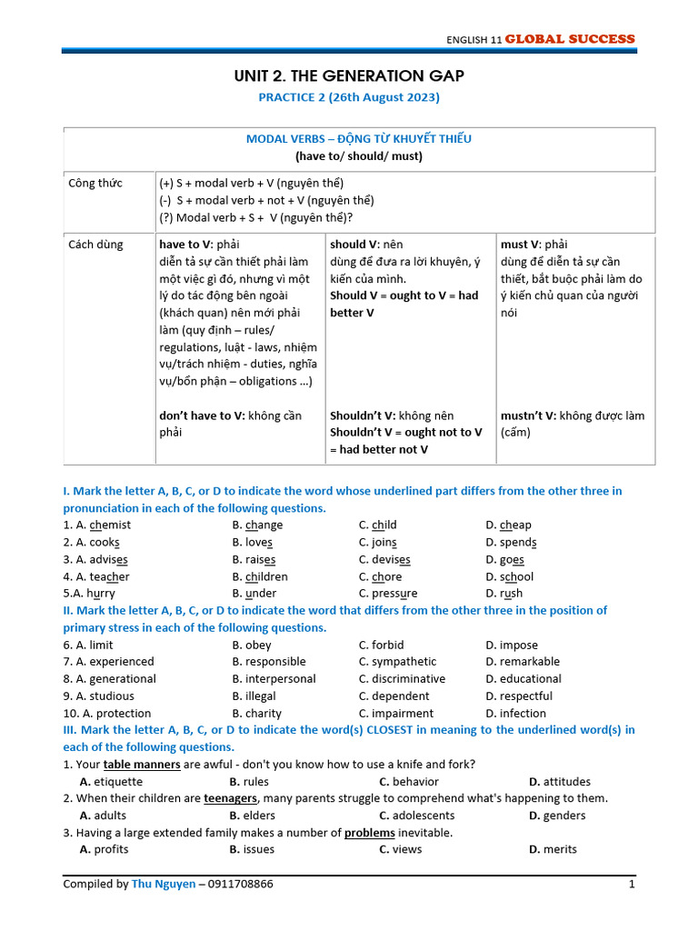 UNIT 2 - Practice 2 (Thu Nguyen) | PDF | Adolescence | Etiquette