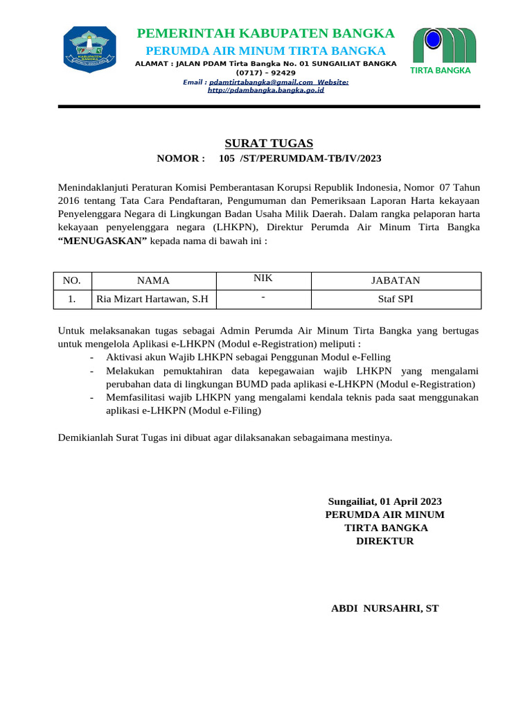 Surat Tugas Apk Ria Mizart Hartawan, S.H | PDF