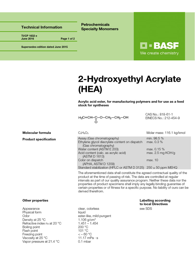 2-Hydroxyethyl Acrylate (HEA) Overview | PDF | Chemistry | Chemical ...