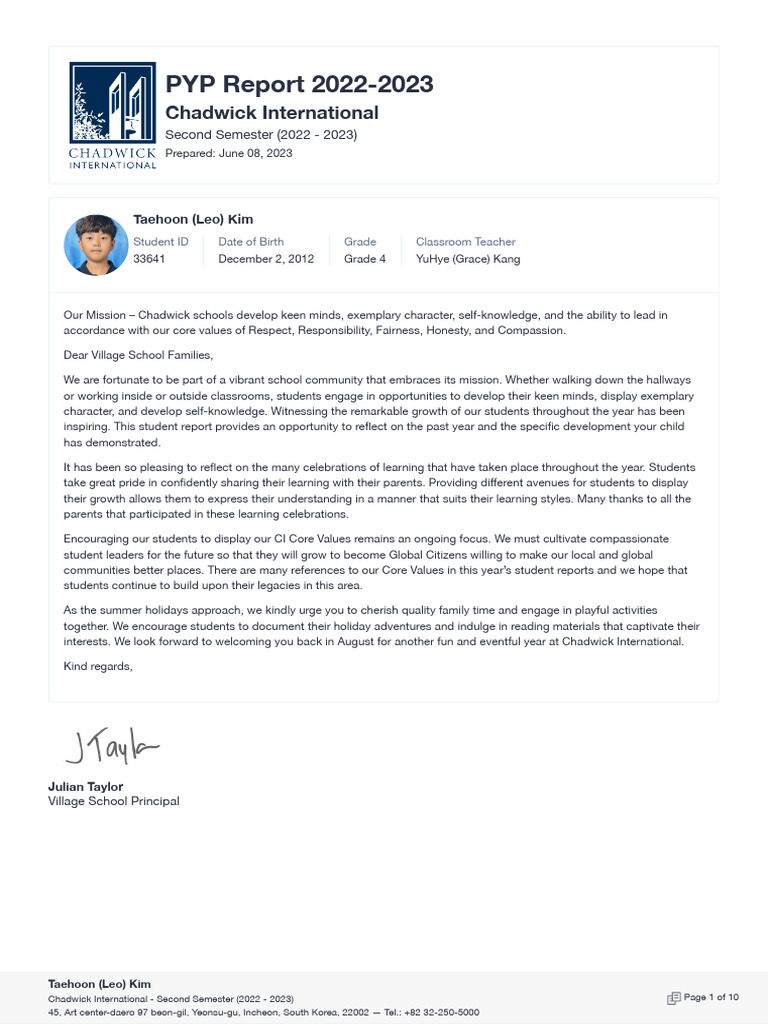 PYP Report 2022-2023 Grade 4 Kim Taehoon Leo 2023-06-08 33641 | PDF ...