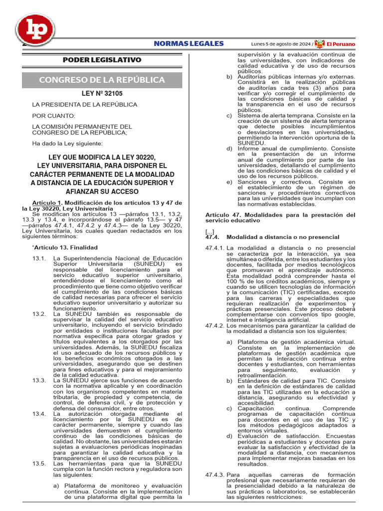 Ley 32105 LPDerecho | PDF | Evaluación | Universidad