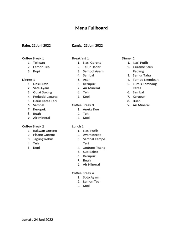Menu Fullboard | PDF