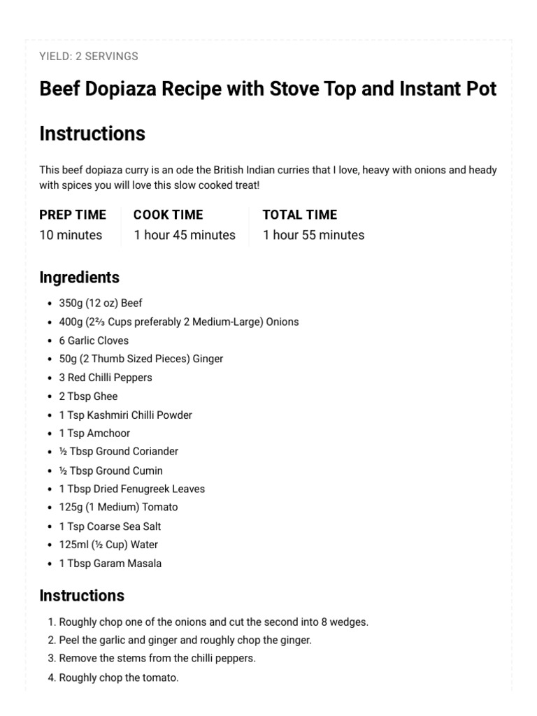 Beef Dopiaza Recipe: Stove & Instant Pot | PDF | Curry | Fat