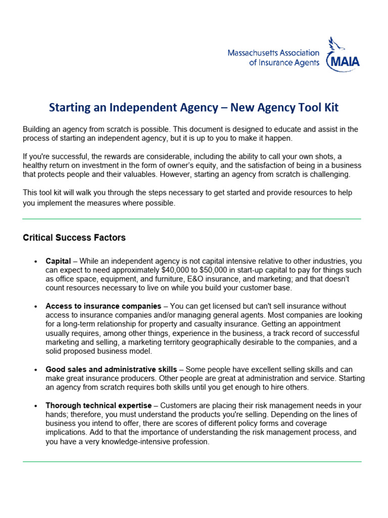 Starting An Agency Toolkit | PDF | Limited Liability Company | Insurance