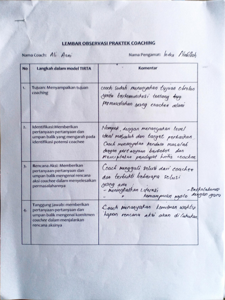 Lembar Observasi Praktek Coaching - Indra Abdillah | PDF