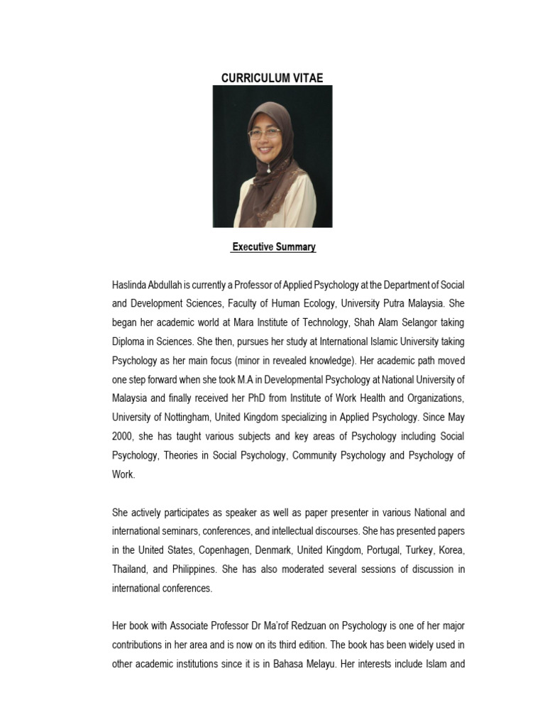 Prof. Haslinda Abdullah's CV Summary | PDF | Psychology