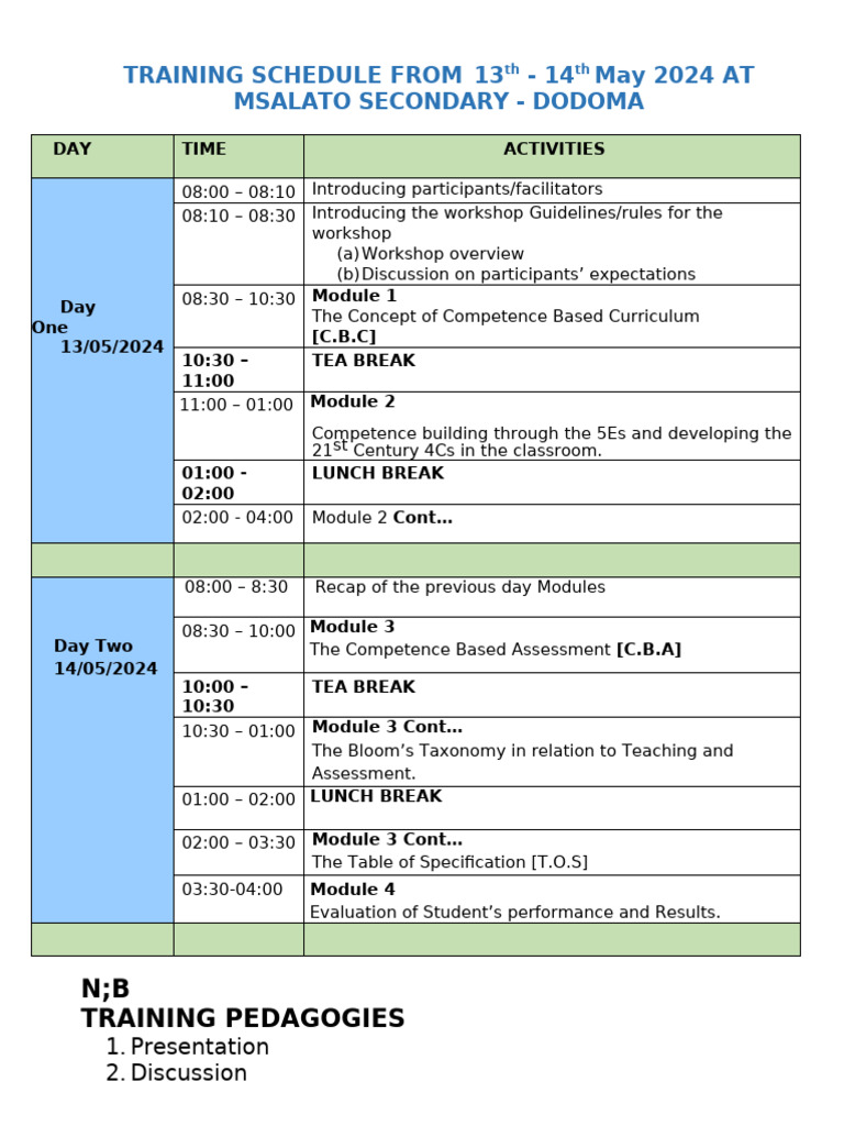 Training Schedule Msalato Sec. 2024 | PDF