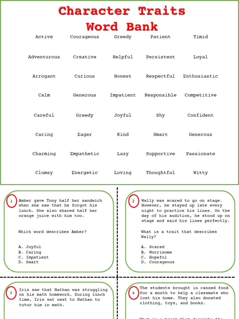 CharacterTraitsTaskCardFREE 1 | PDF