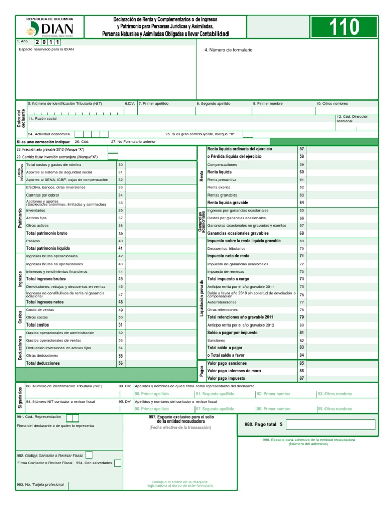 Formulario Declaracion de Renta Año 2011 F-110 DIAN 2012 | PDF ...