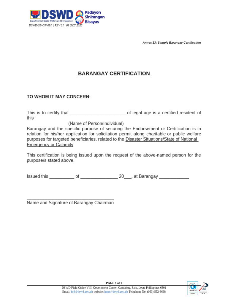 DSWD SB GF 091 REV 01 Sample Barangay Certification | PDF | Social Science