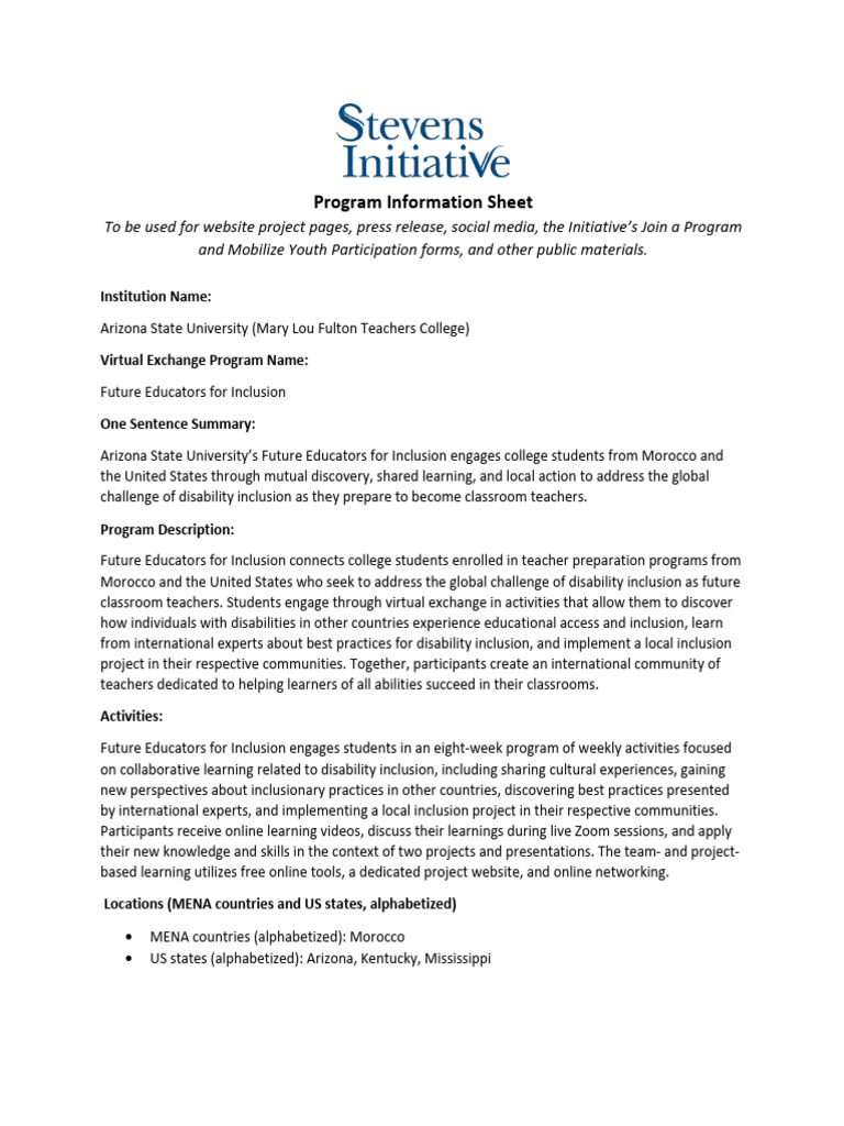 FEFI - Program Info Sheet 2023 | PDF | Teachers | Learning