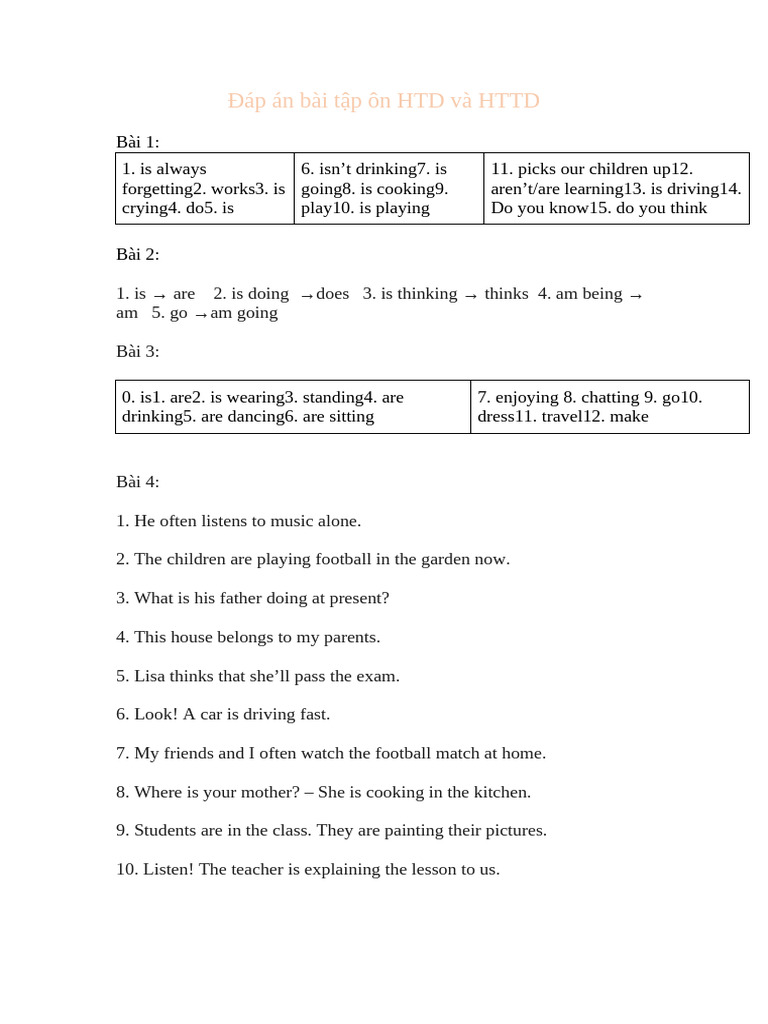 Đáp án bài tập ôn HTD và HTTD | PDF
