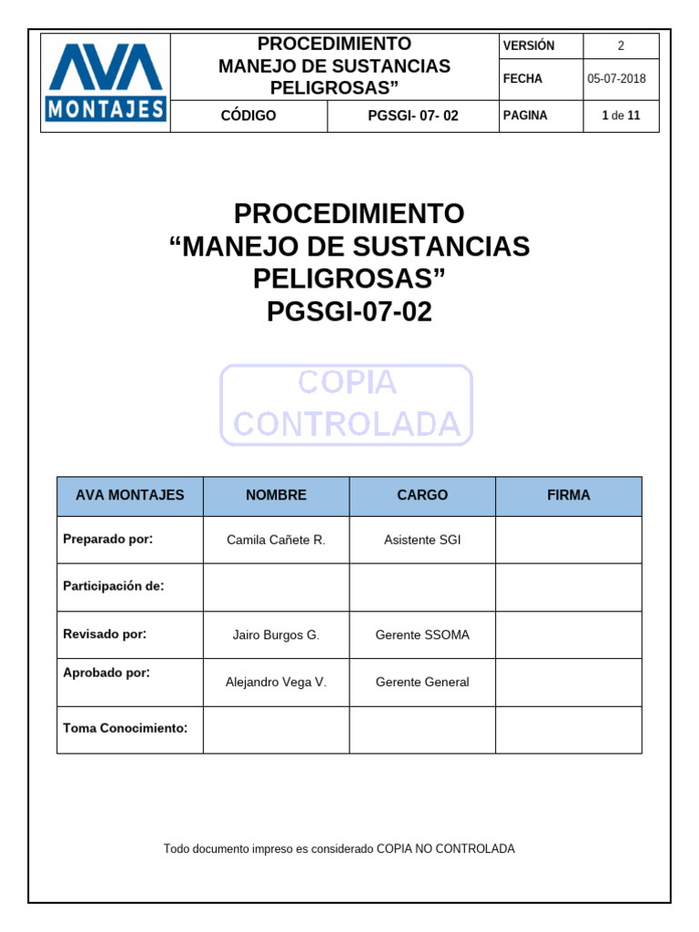 Procedimiento Manejo de Sustancias Peligrosas | PDF | Incendios | Gases