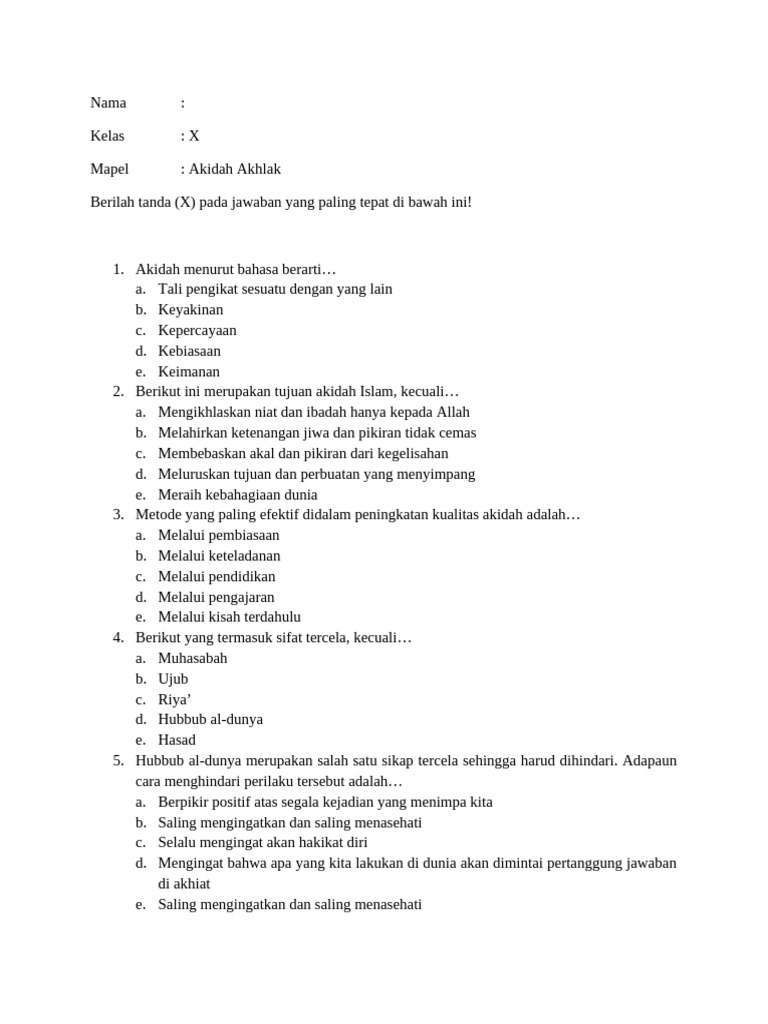 Soal Pas Akidah 2024 | PDF
