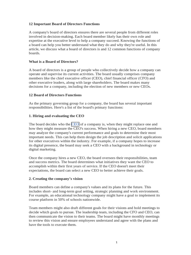 Key Functions of a Board of Directors | PDF | Goal | Board Of Directors
