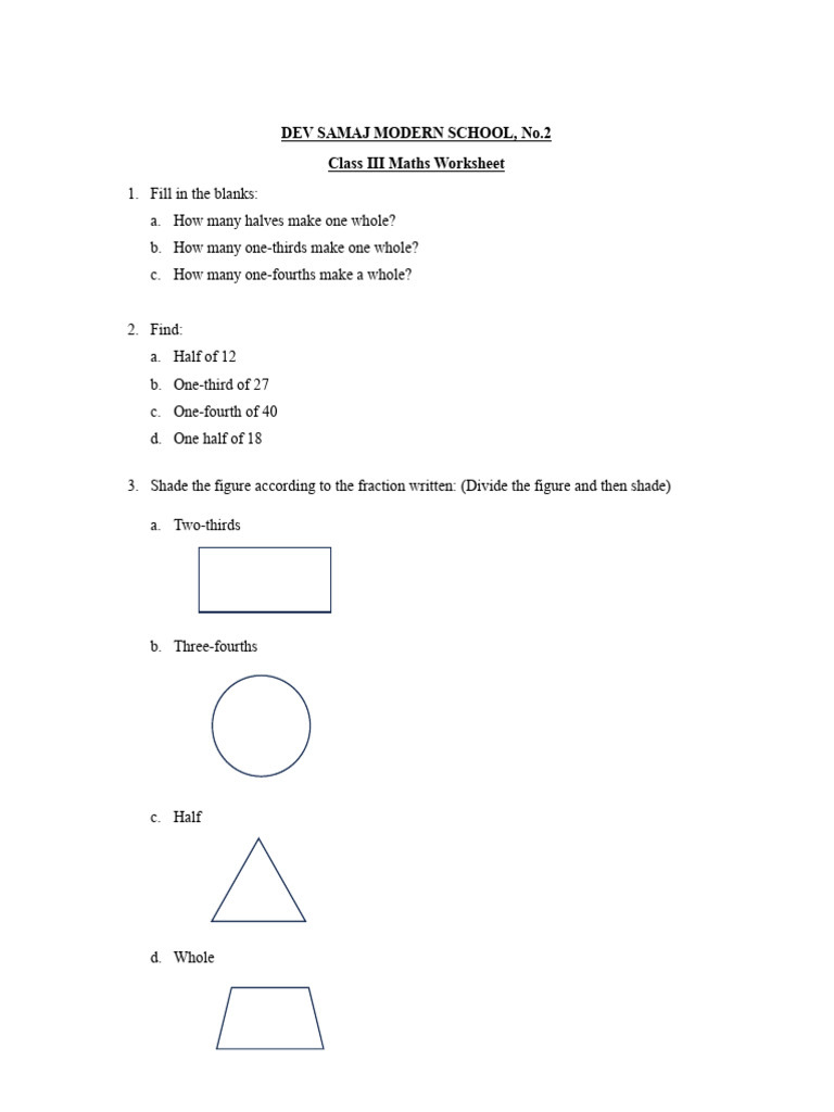 Class III Maths Worksheet on Fractions | PDF | Teaching Methods & Materials