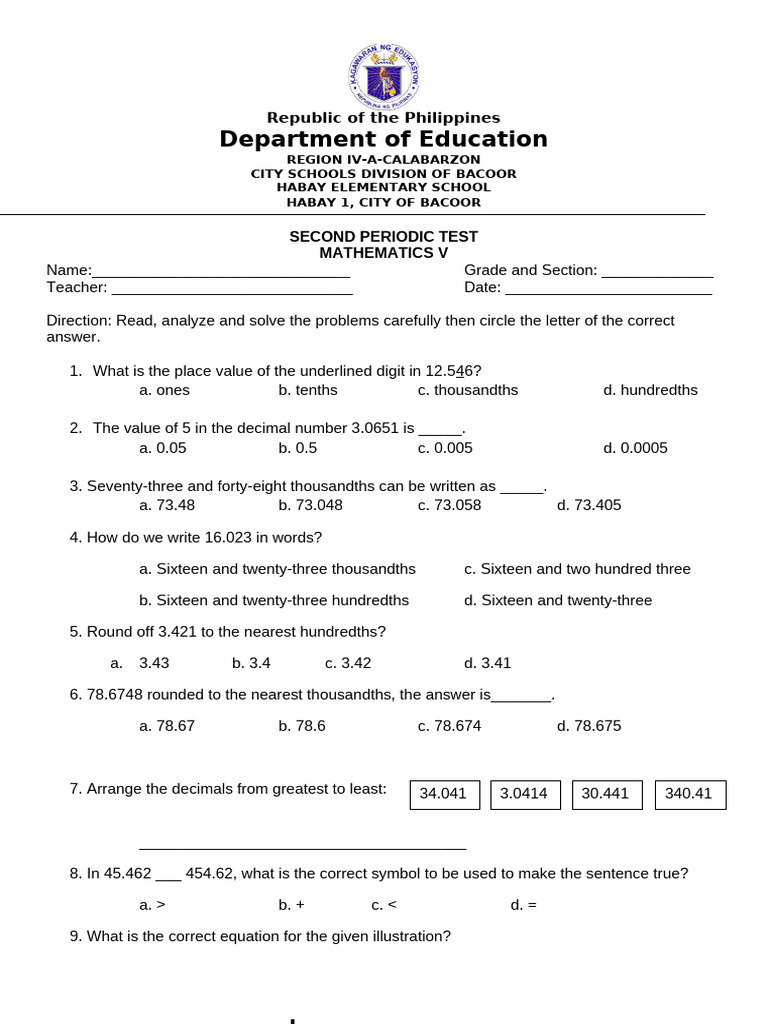 Grade 5 2nd Periodic Math Test 2025 | PDF | Mathematics | Arithmetic