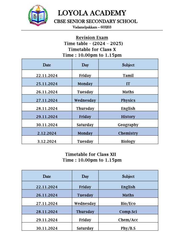 Revision Test Time Table (STD X & XII) | PDF