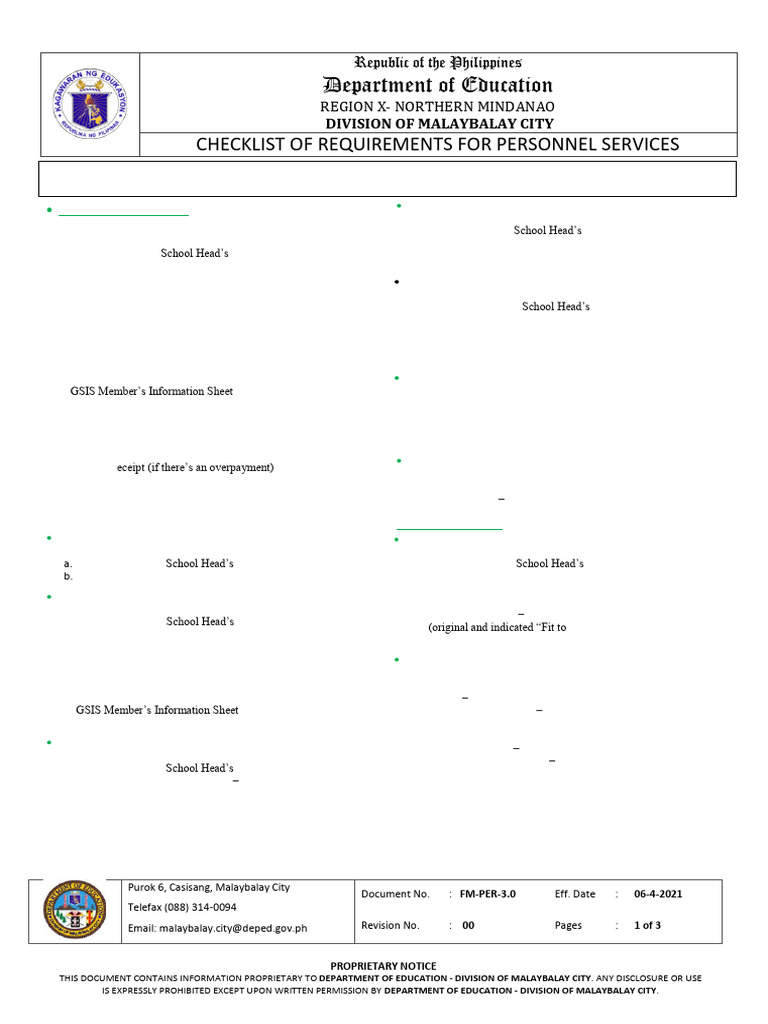 2021 FM PER 3.0 Checklist of Requirements For Personnel Services | PDF ...