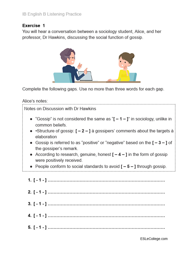 IB English B Listening Gossip Exercise 1 and 2 | PDF | Career & Growth ...
