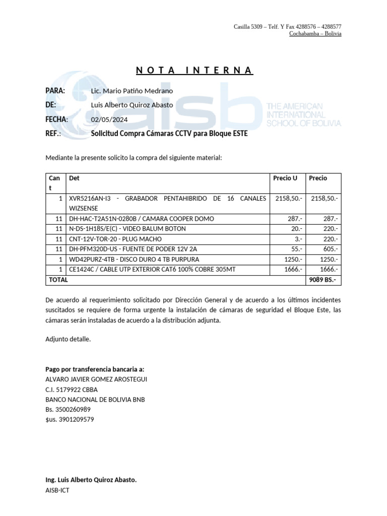 NOTA INTERNA Camaras Bloque Lado Este | PDF