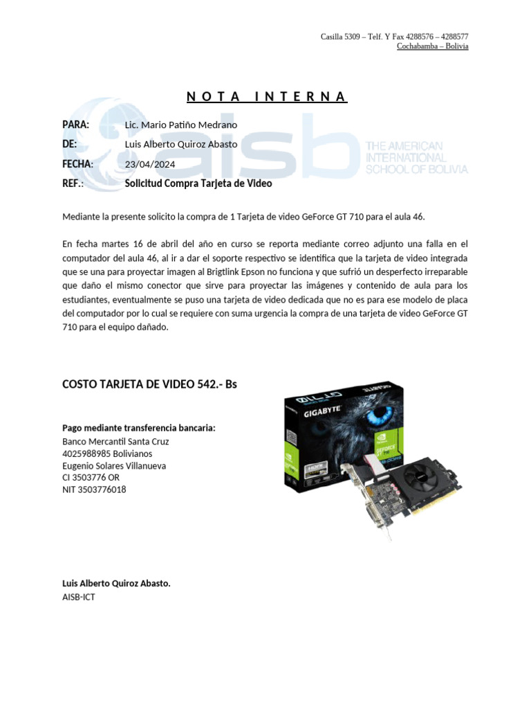 NOTA INTERNA Placa Tarjeta de Video | PDF