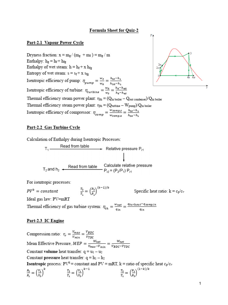 Formula Sheet For Quiz-2 | PDF | Enthalpy | Steam