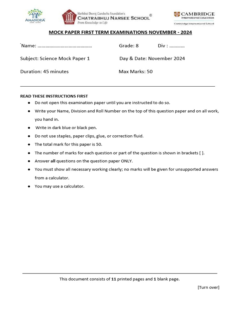 Grade 8 Science Mock Exam Paper 2024 | PDF | Physical Sciences ...