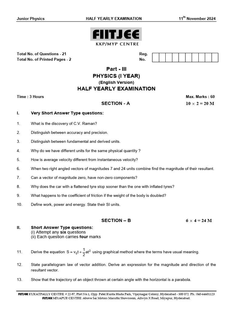 Jr. PHYSICS Half Yearly | PDF | Velocity | Euclidean Vector