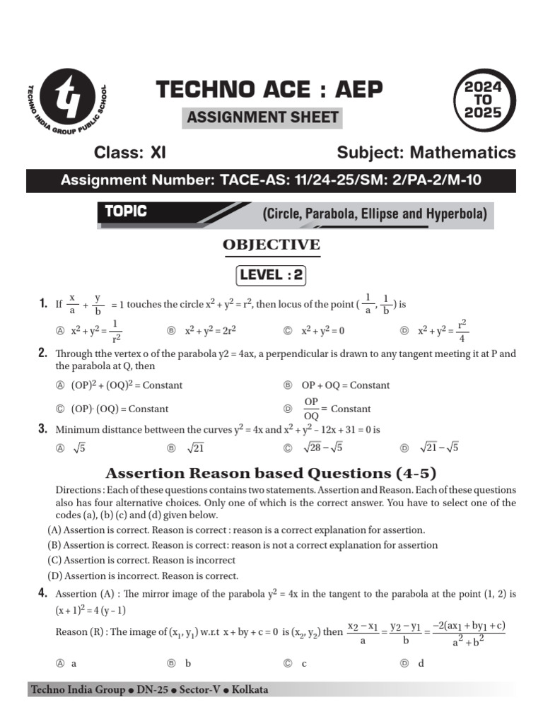 Assign Math XI CH 10 Level 2 | PDF | Ellipse | Perpendicular