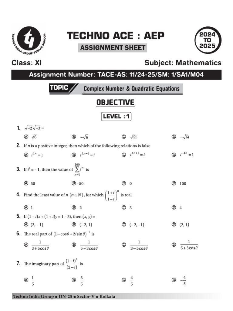 Math XI CH 4 (Assi L 1) Complex Number | PDF