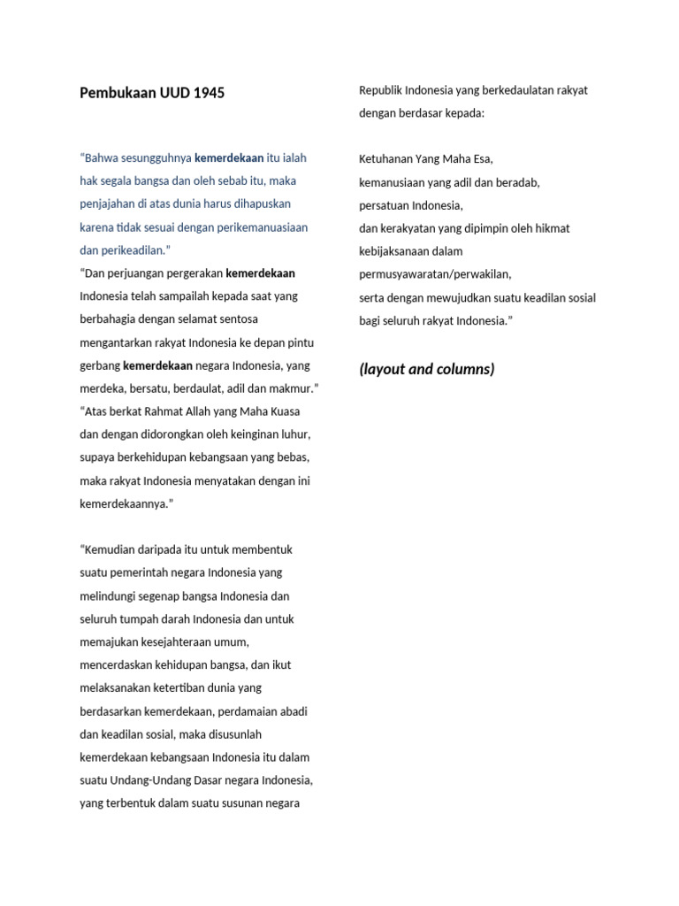 Pembukaan UUD 1945 Word Teks 080924 Columns | PDF