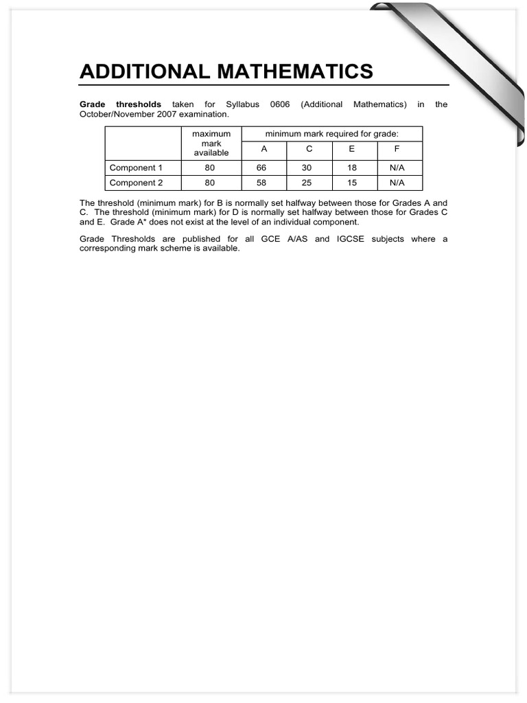 Additional Mathematics: Grade Thresholds | PDF