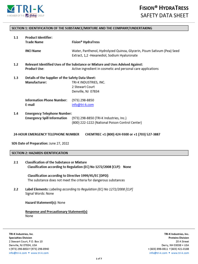 Fision® HydraTress - GHS - CLP SDS - v1 | PDF | Toxicity | Firefighting