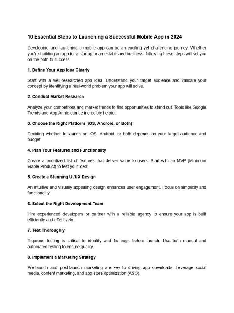10 Essential Steps To Launching A Successful Mobile App in 2024 | PDF