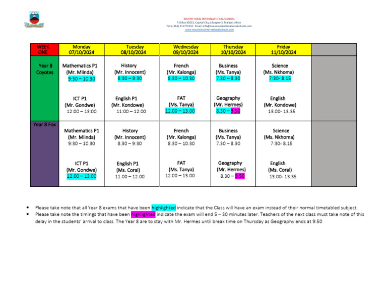 Year 8 Mid Term Exam Timetable Sept 2024 | PDF