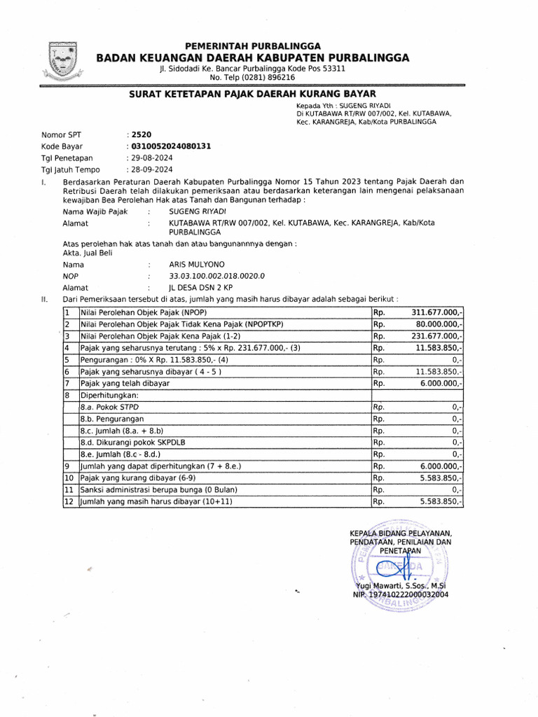 SK Tagihan Kurang Bayar BPHTB An. Sugeng Riyadi Kutabawa - 20240830 ...