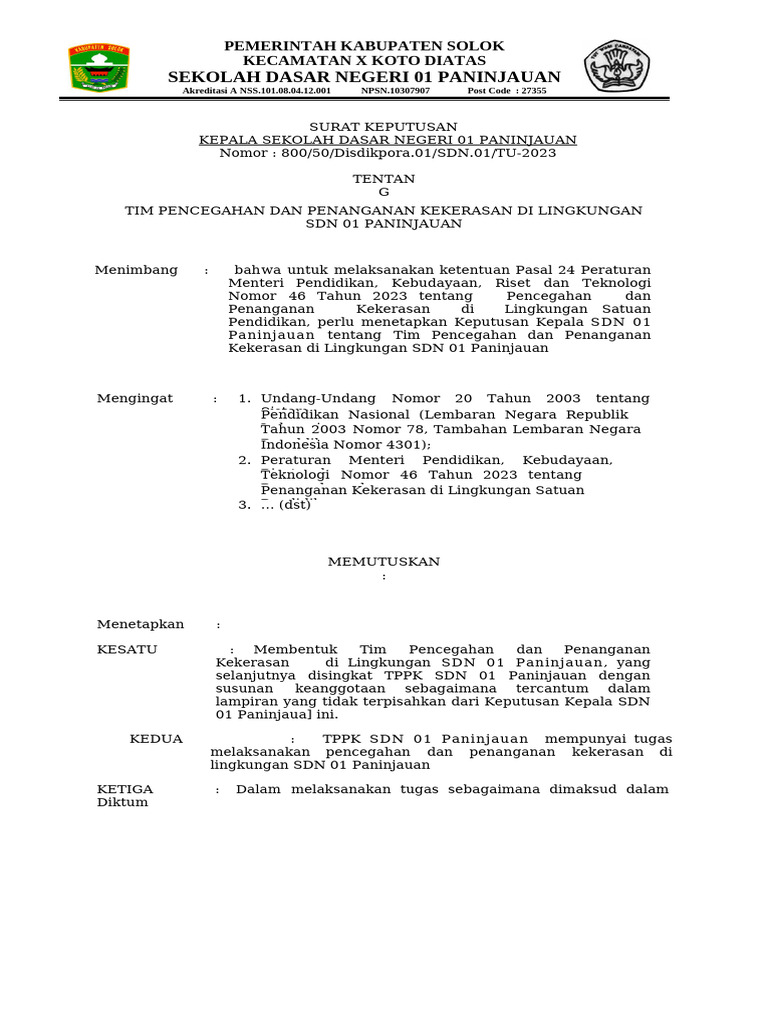 Lampiran 2 - Contoh SK Kepala Satuan Pendidikan Pembentukan TPPK | PDF