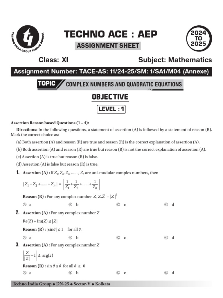 Math XI CH 4 (Assi Anex L 1) Complex Numbers and Quadratic Equations ...