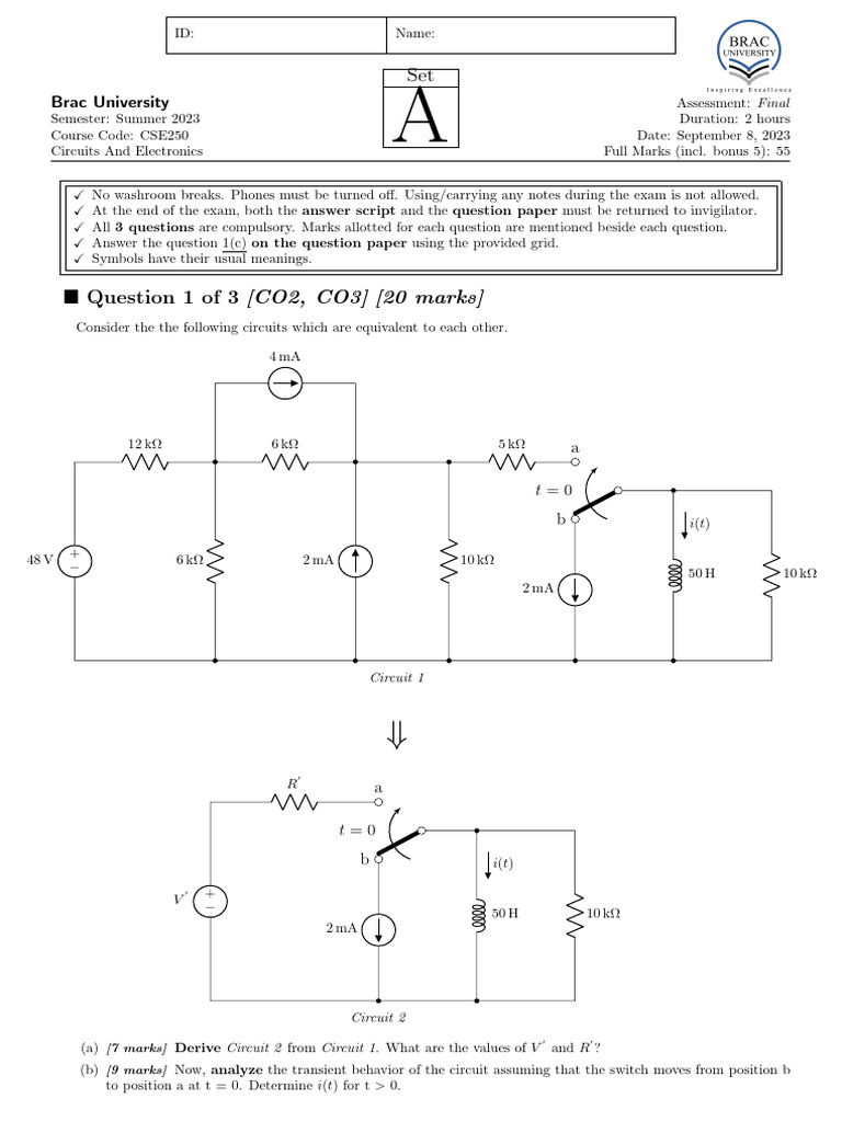 CSE250 - Final - Summer - 23 - Set - A | PDF | Electrical Network | Electrical Impedance