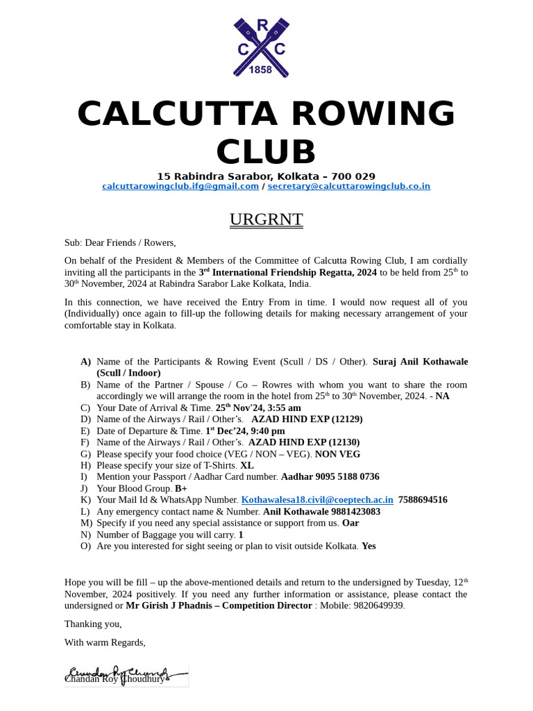 CALCUTTA ROWING CLUB - Urgent-1 | PDF