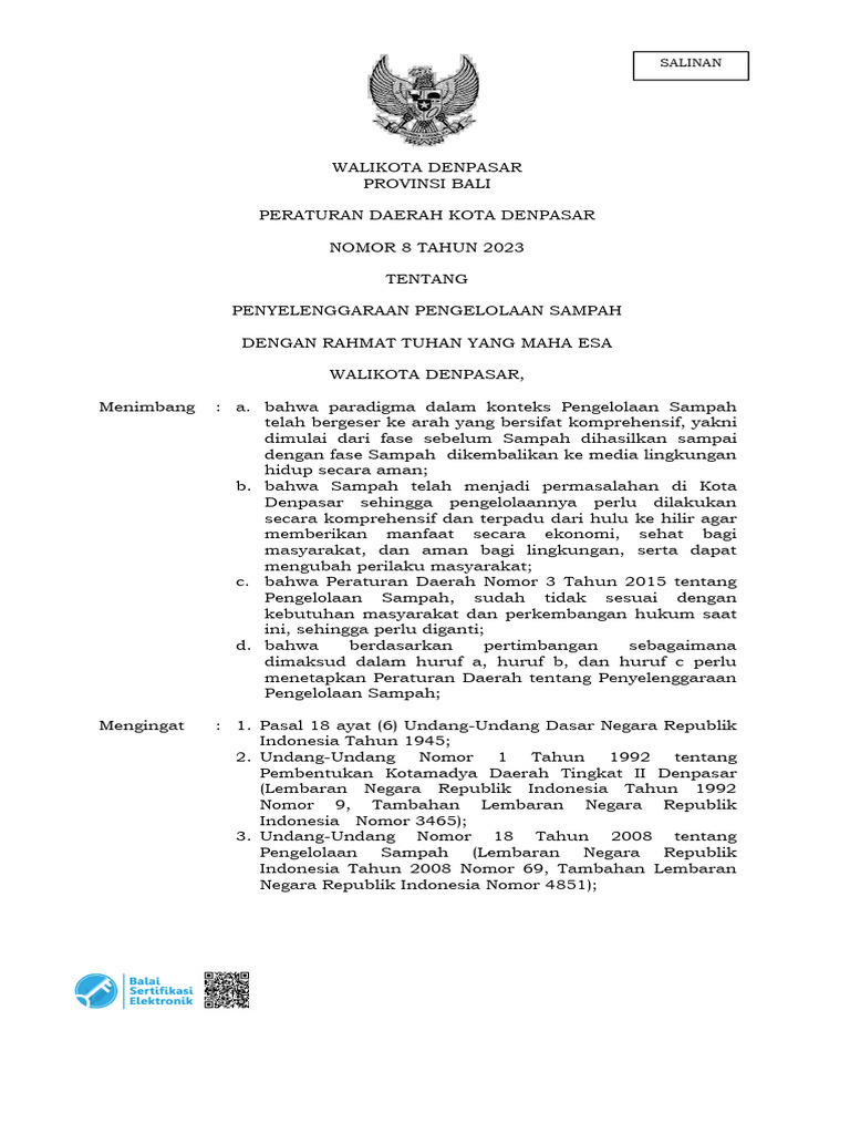 Perda Kota Denpasar 8 Tahun 2023 Penyelenggaraan Pengelolaan Sampah | PDF